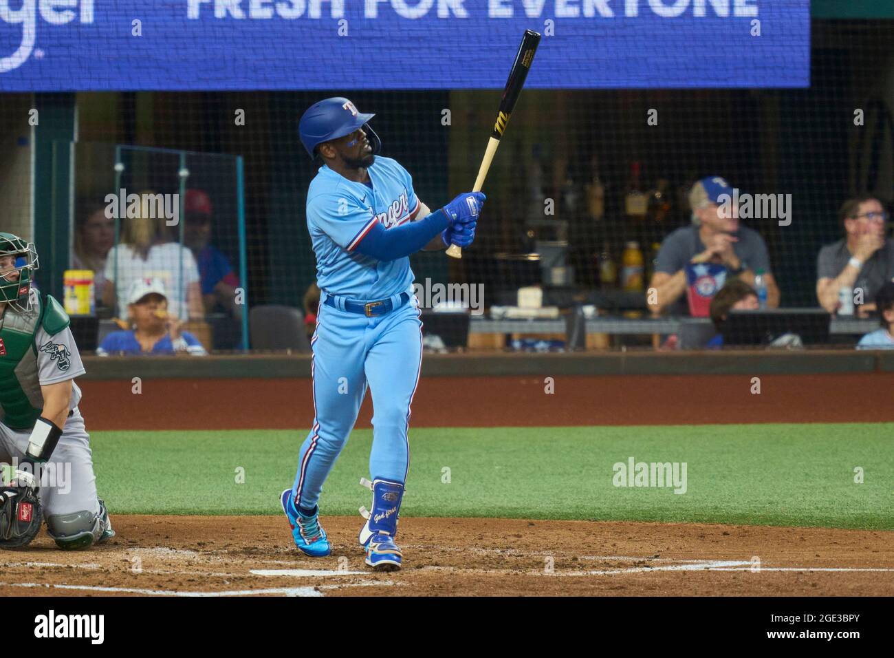 August 15 2021: Texas right fielder Adolis Garcia (53) hits a home run ...