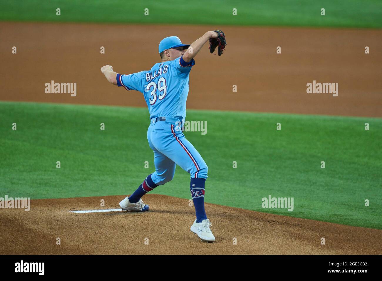 August 15 2021: Texas pitcher Kolby Allard (39) throws a pitch during ...
