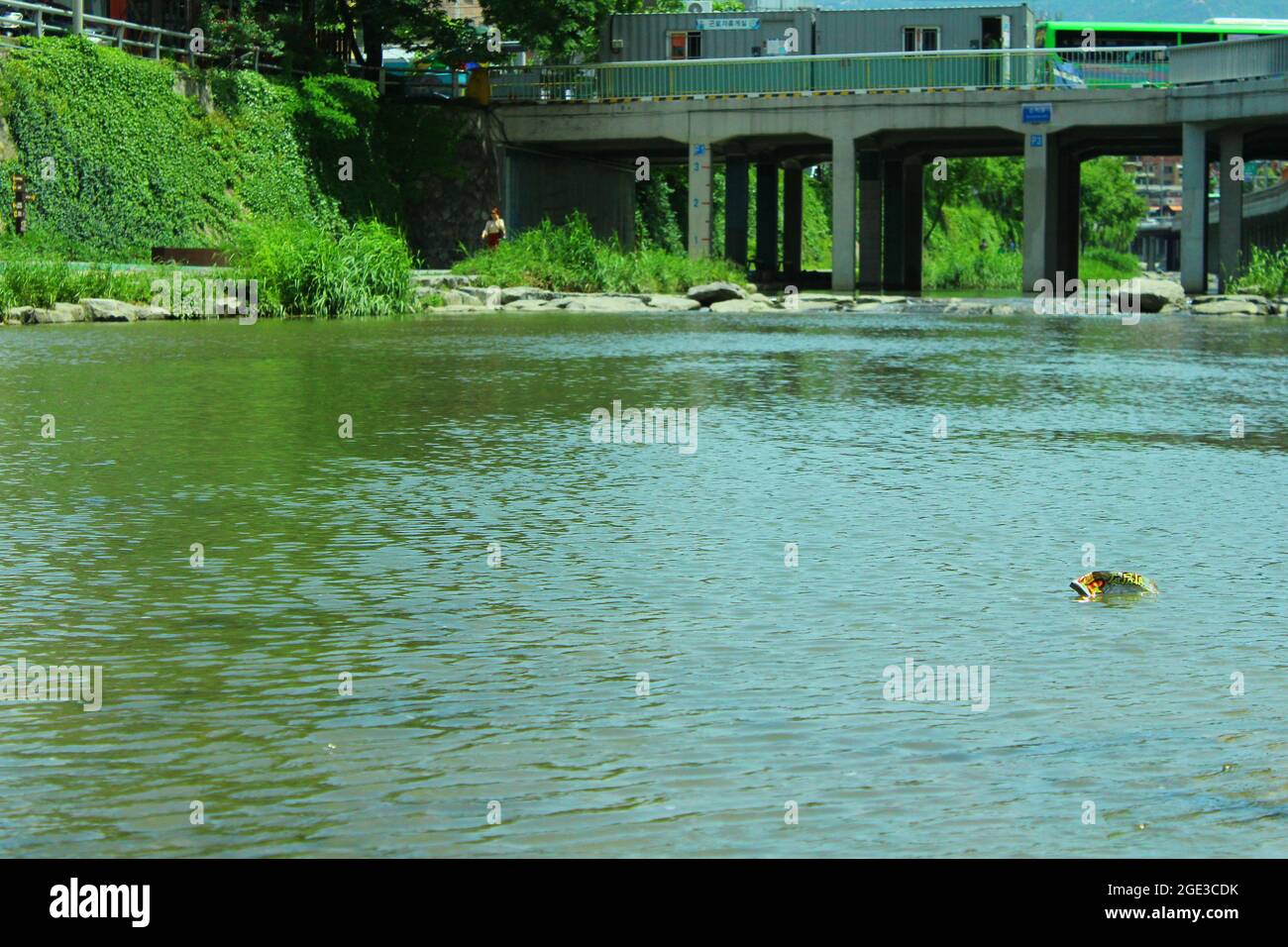 Shallow river water flowing across the bridge with a building Stock ...