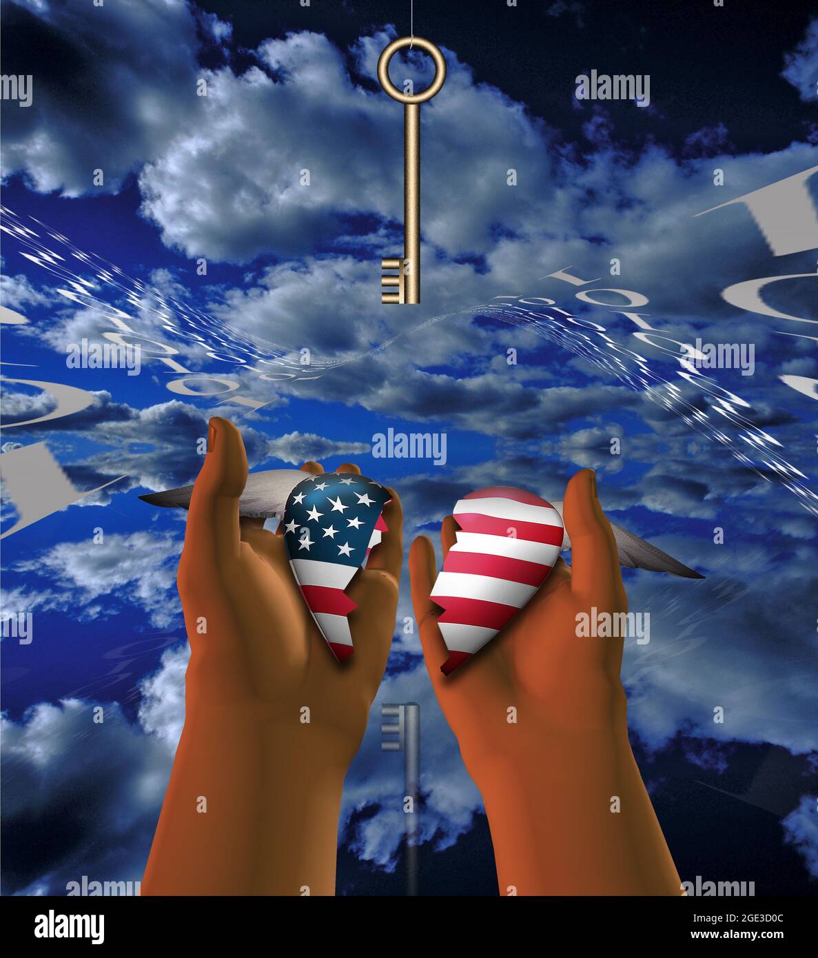 Broken American heart with wings, key and binary code stream. 3D ...