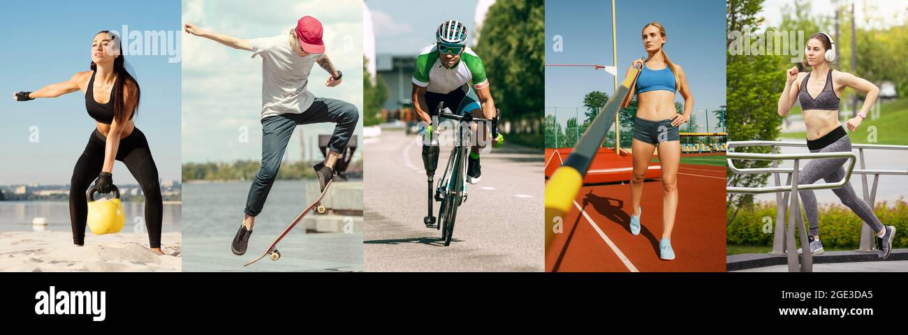 Collage about fit men and women at fitness training outdoors. Sport ...