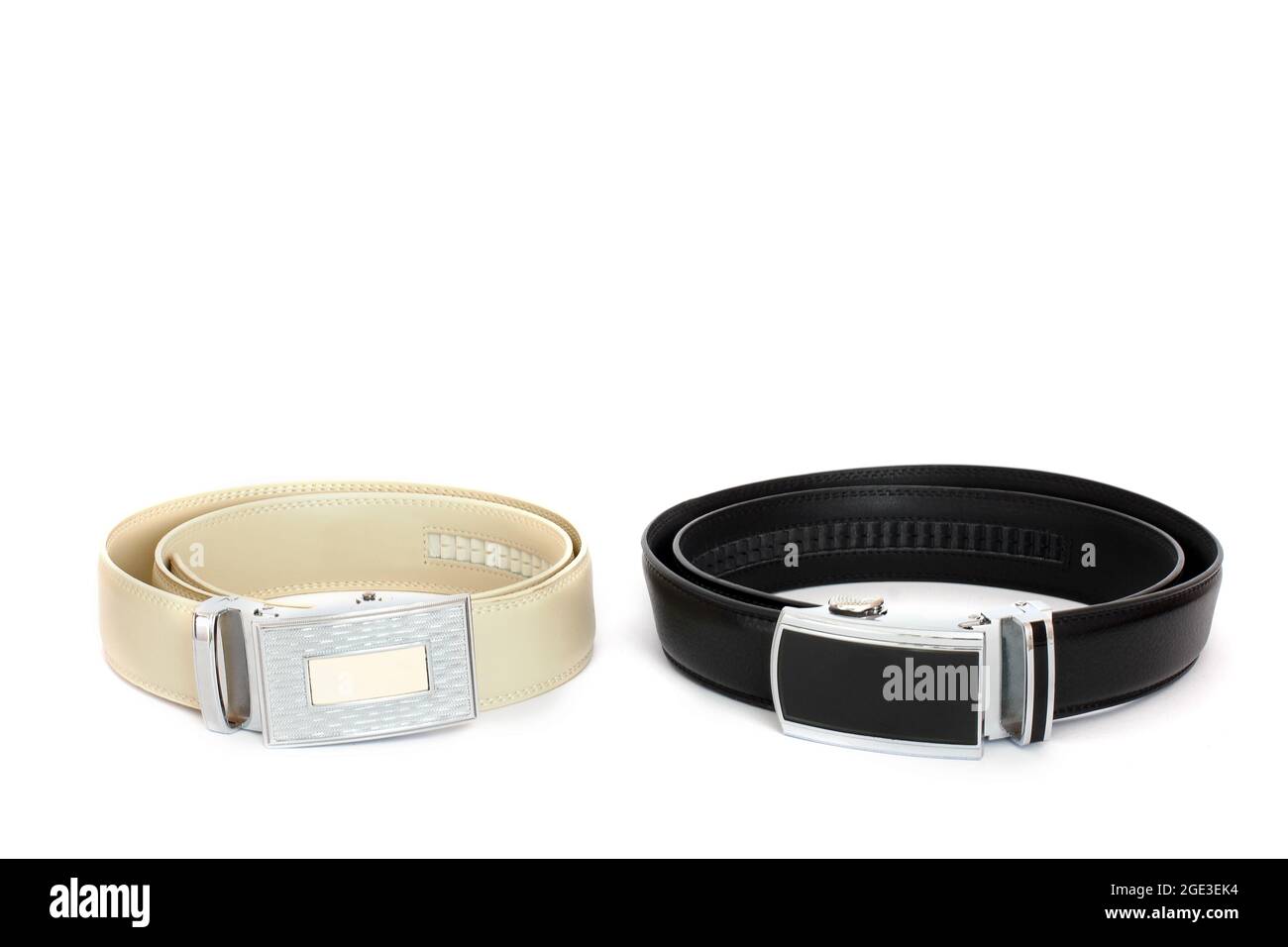 Two leather belts on a white background Stock Photo - Alamy