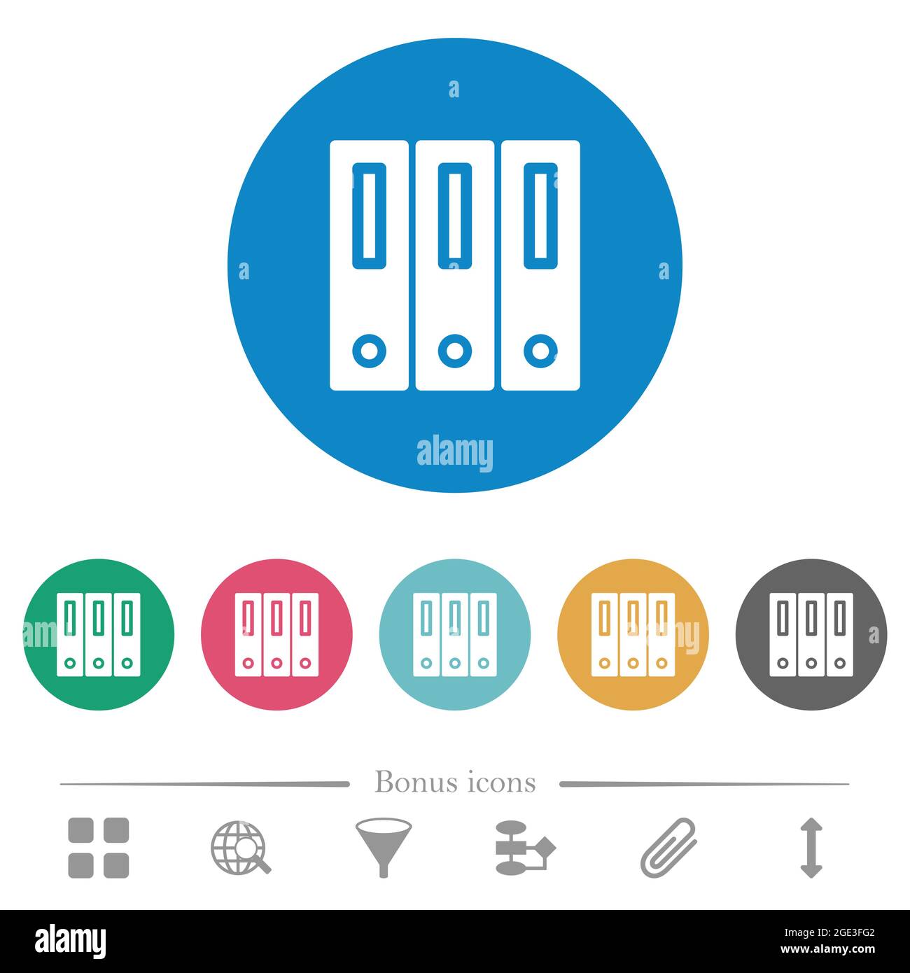 Binders solid flat white icons on round color backgrounds. 6 bonus ...