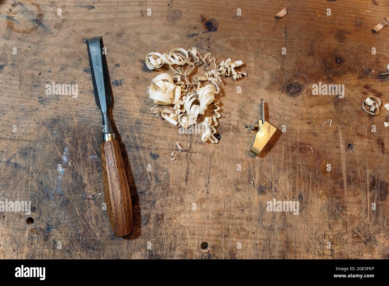 Close up of tool used in traditional workshop and wood chips Stock ...