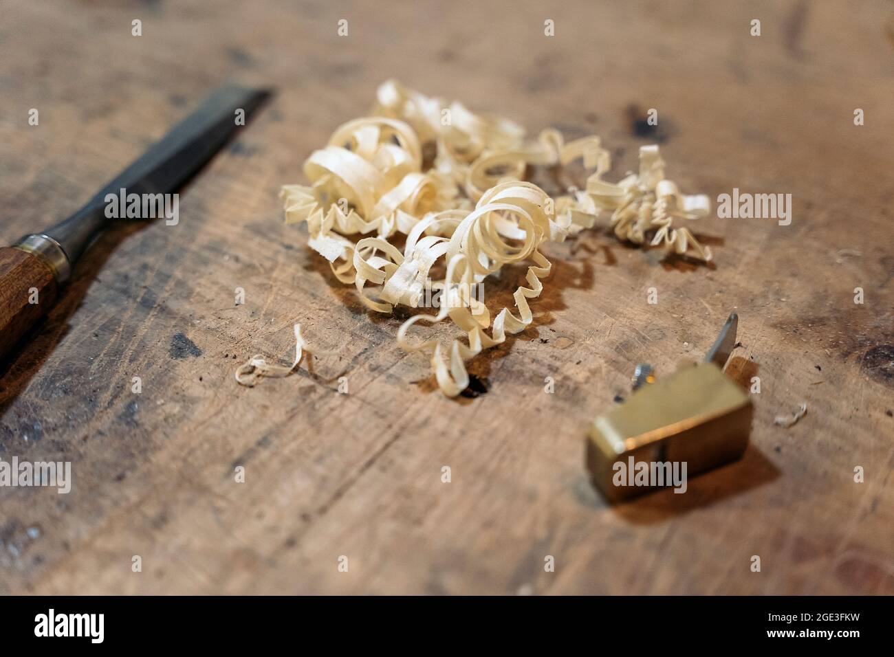 Close up of tool used in traditional workshop and wood chips Stock ...