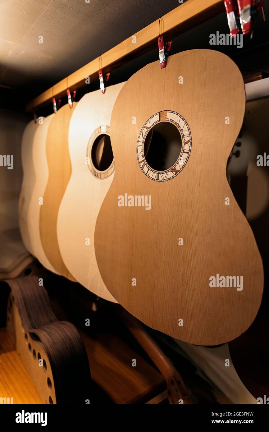 Silhouette of acoustic guitars being made in a traditional atelier ...