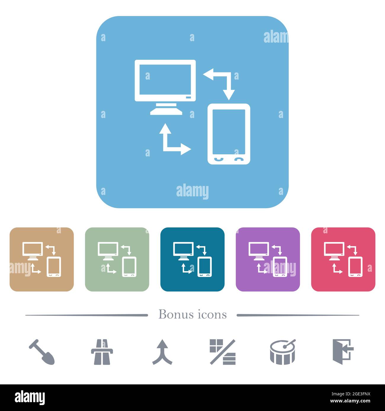 Connecting mobile to desktop white flat icons on color rounded square ...