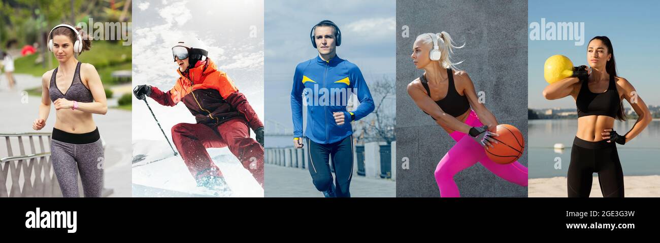 Collage about fit men and women at fitness training outdoors. Sport ...