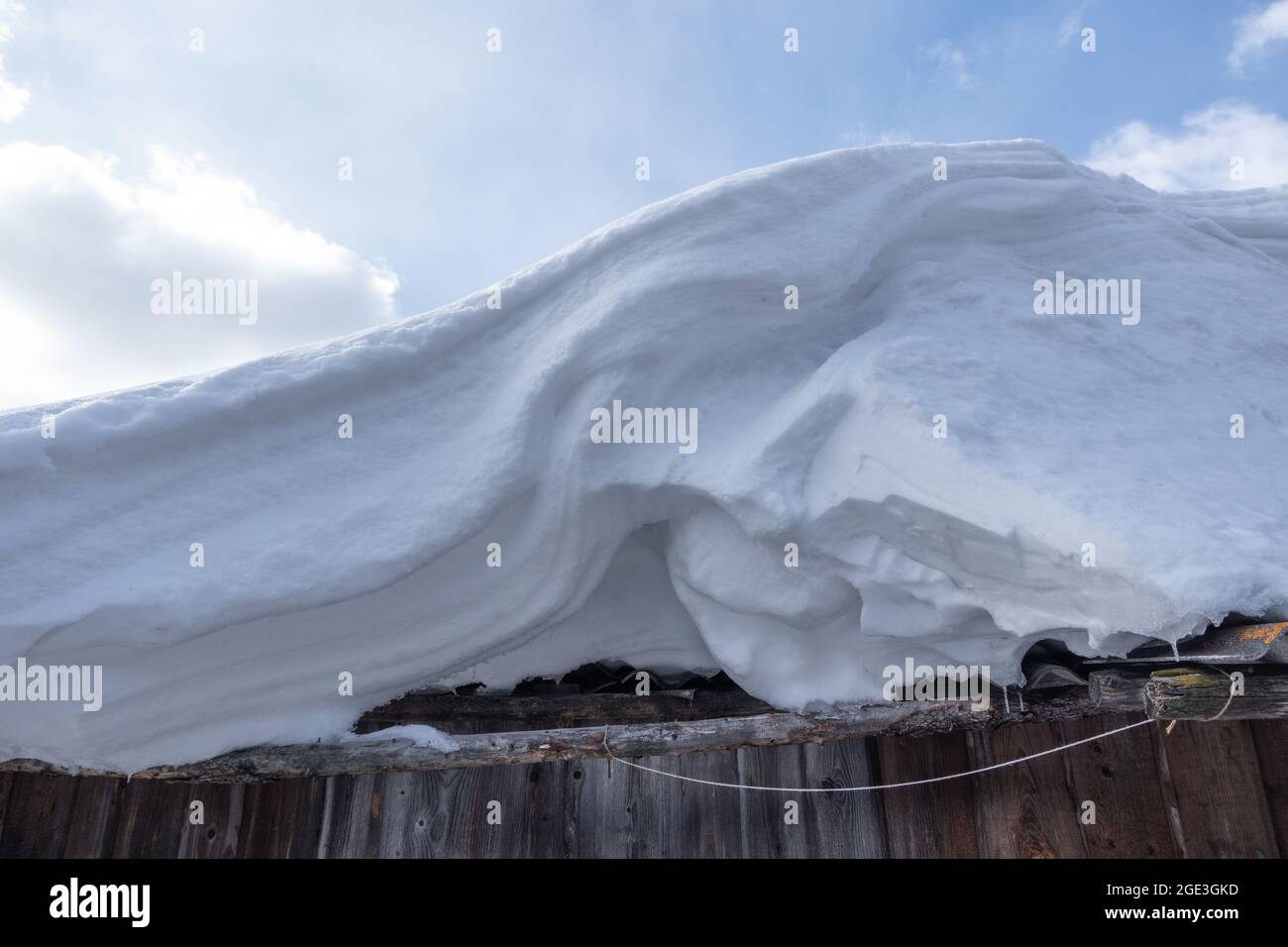 Snowdrift on the roof against the blue sky with clouds, close-up ...