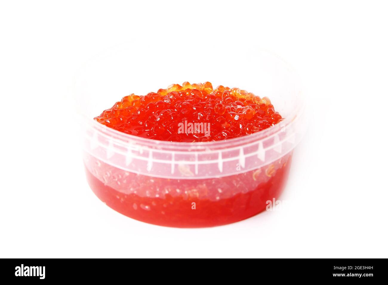 Red caviar in a plastic container on a white background. Caviar storage ...