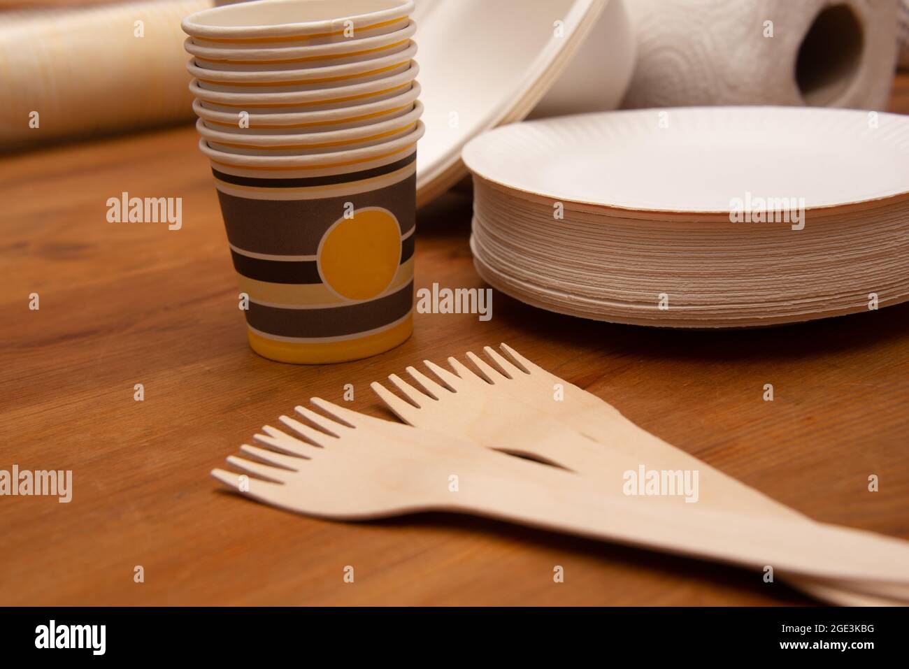 disposable tableware on wooden table .concept of recycling and ecology ...