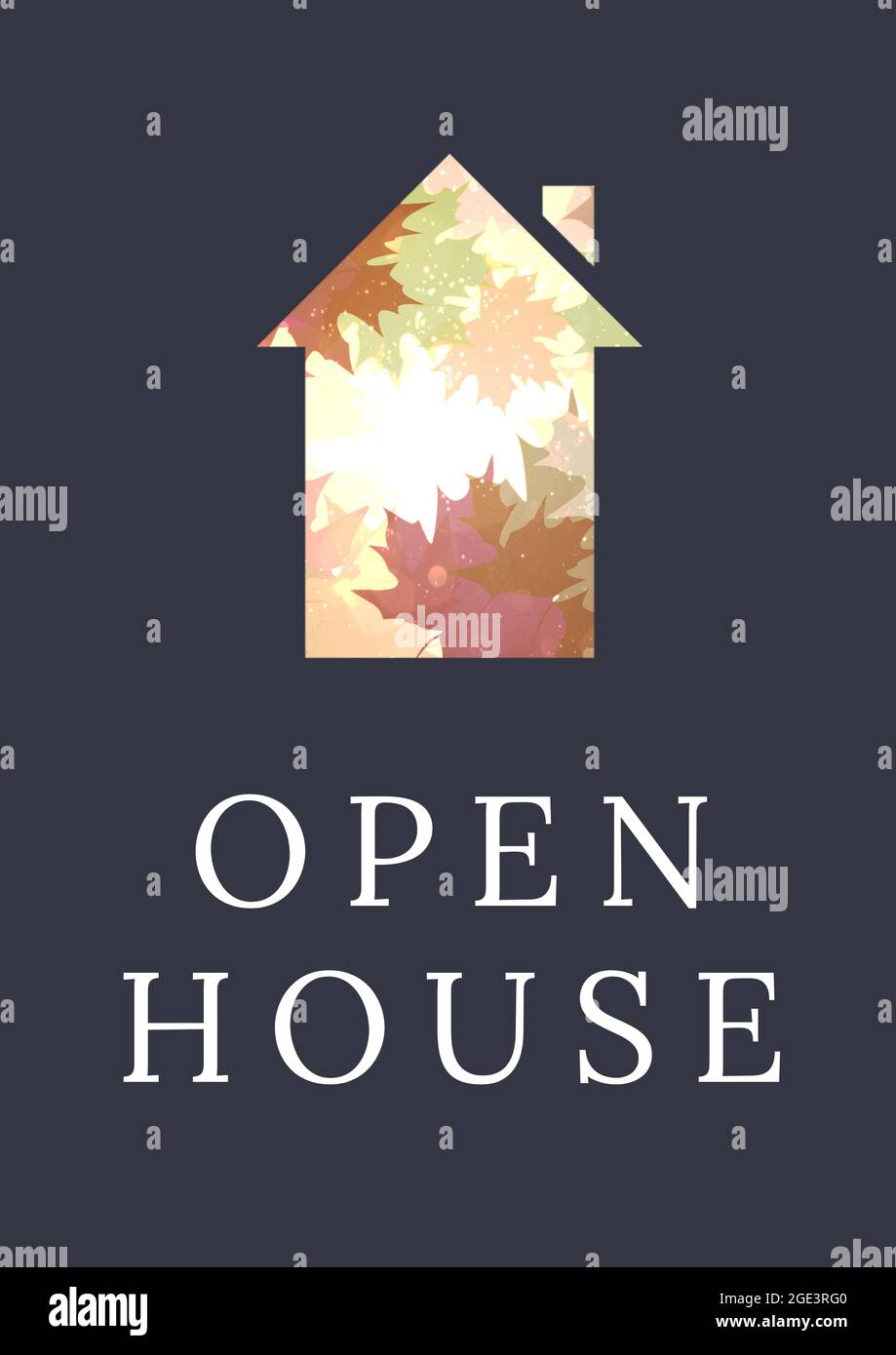 Composition of open house text and house icon over black background ...