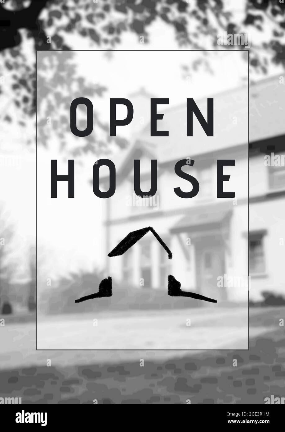 Composition of open house text over black and white house Stock Photo ...