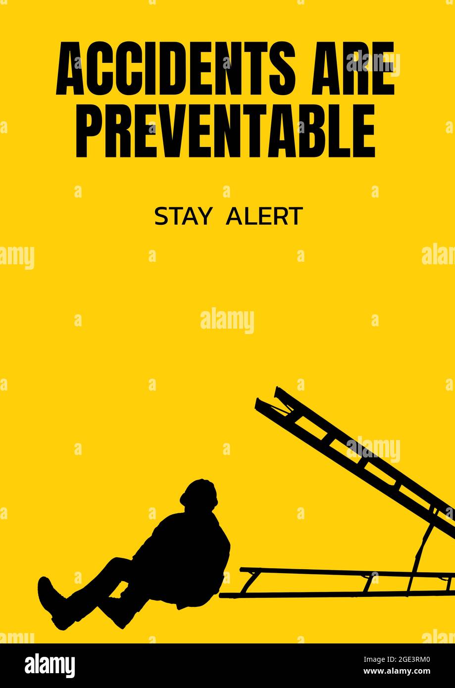 Composition of accident awareness text and silhouette of man and ladder ...