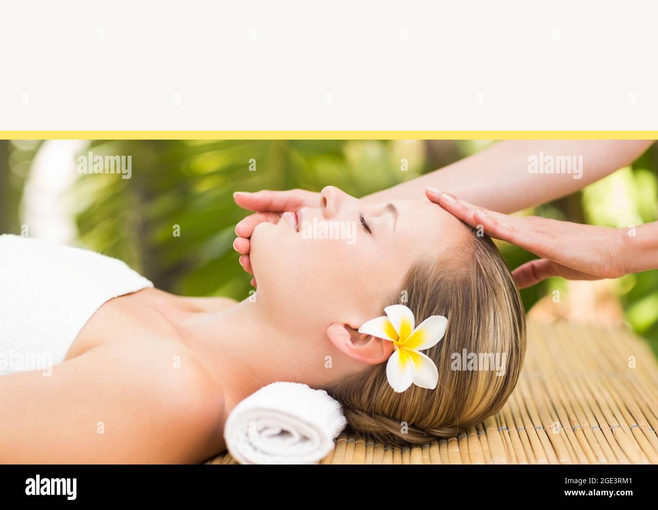 Composition of woman lying on wooden table getting massage Stock Photo ...