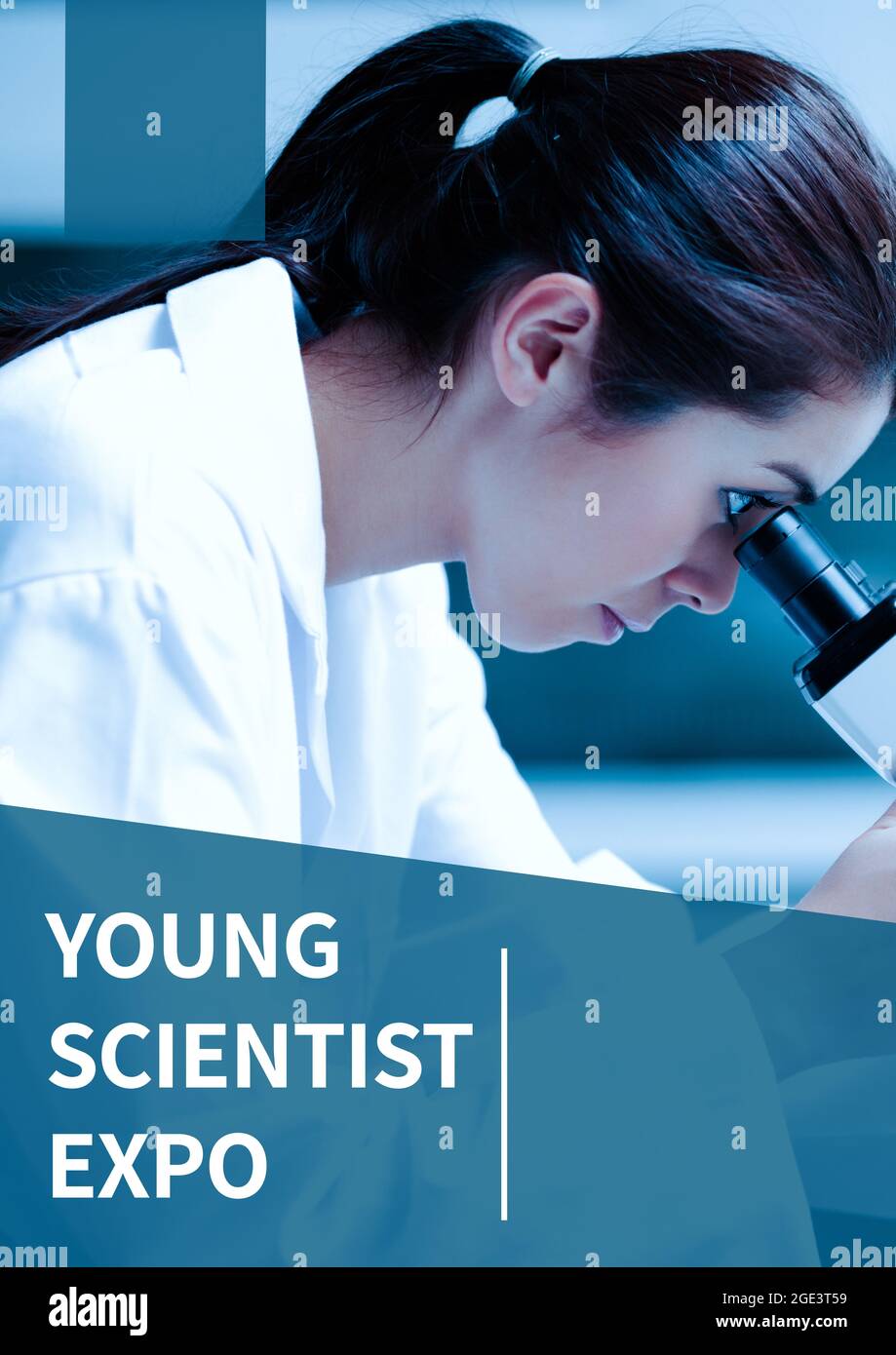 Composition of technology services text over woman using microscope ...