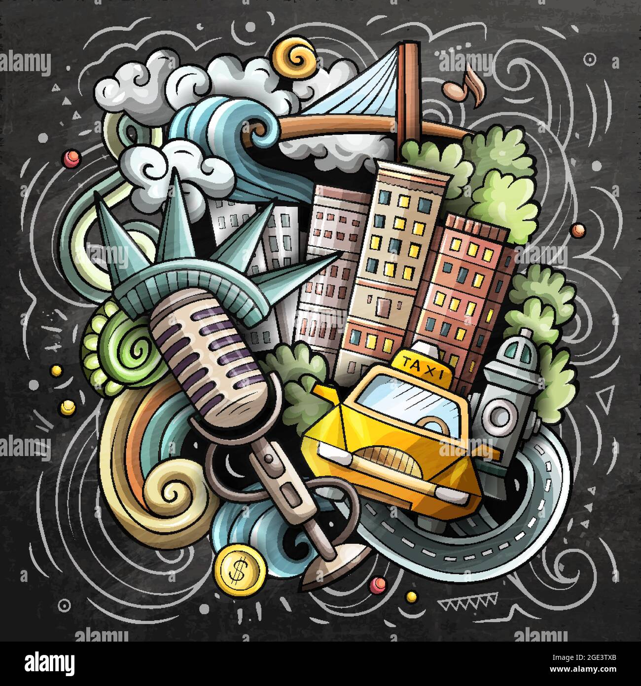 New York cartoon vector doodle chalkboard illustration Stock Vector ...