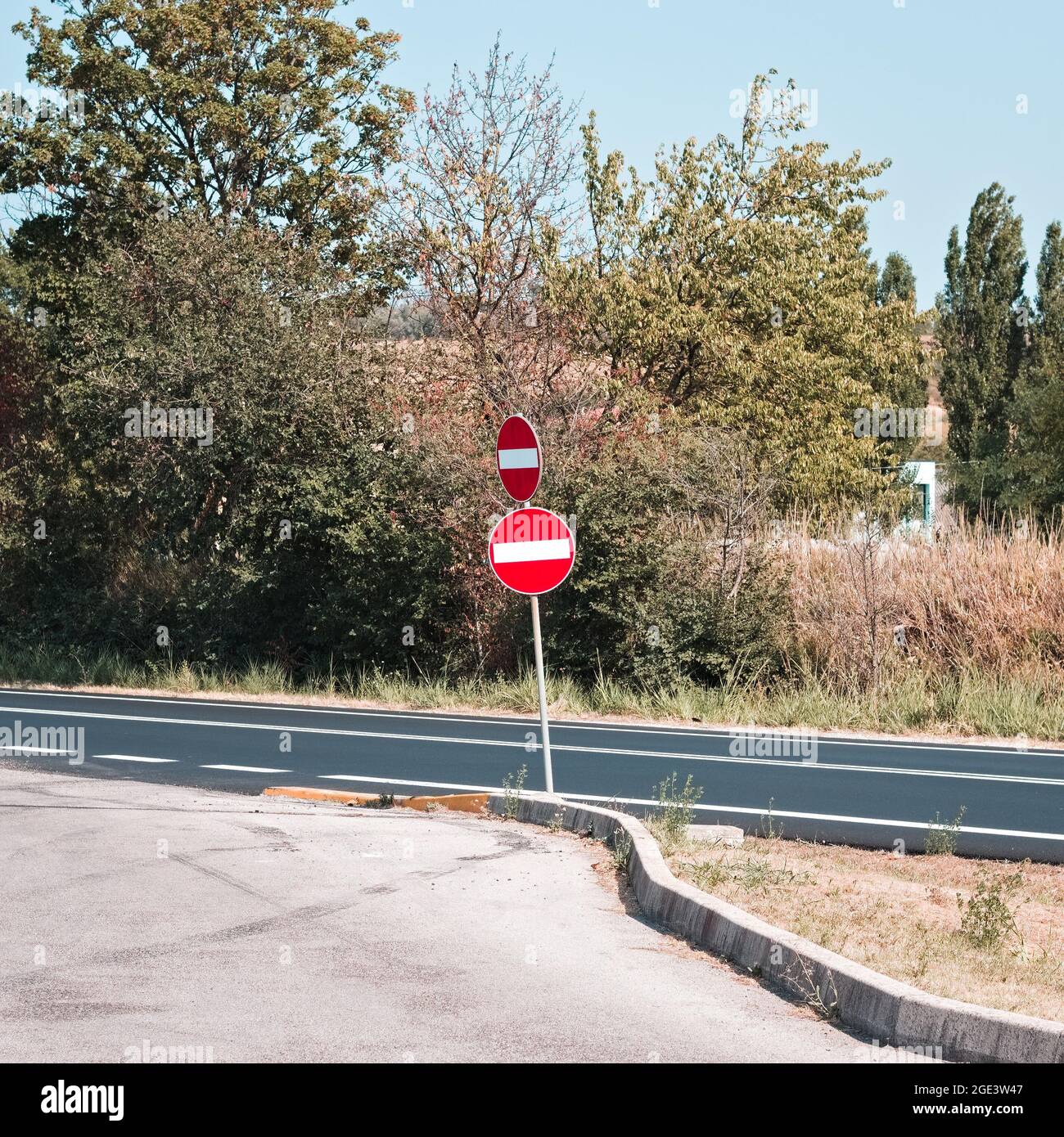 A red and white double road sign prohibiting access (Marche, Italy ...