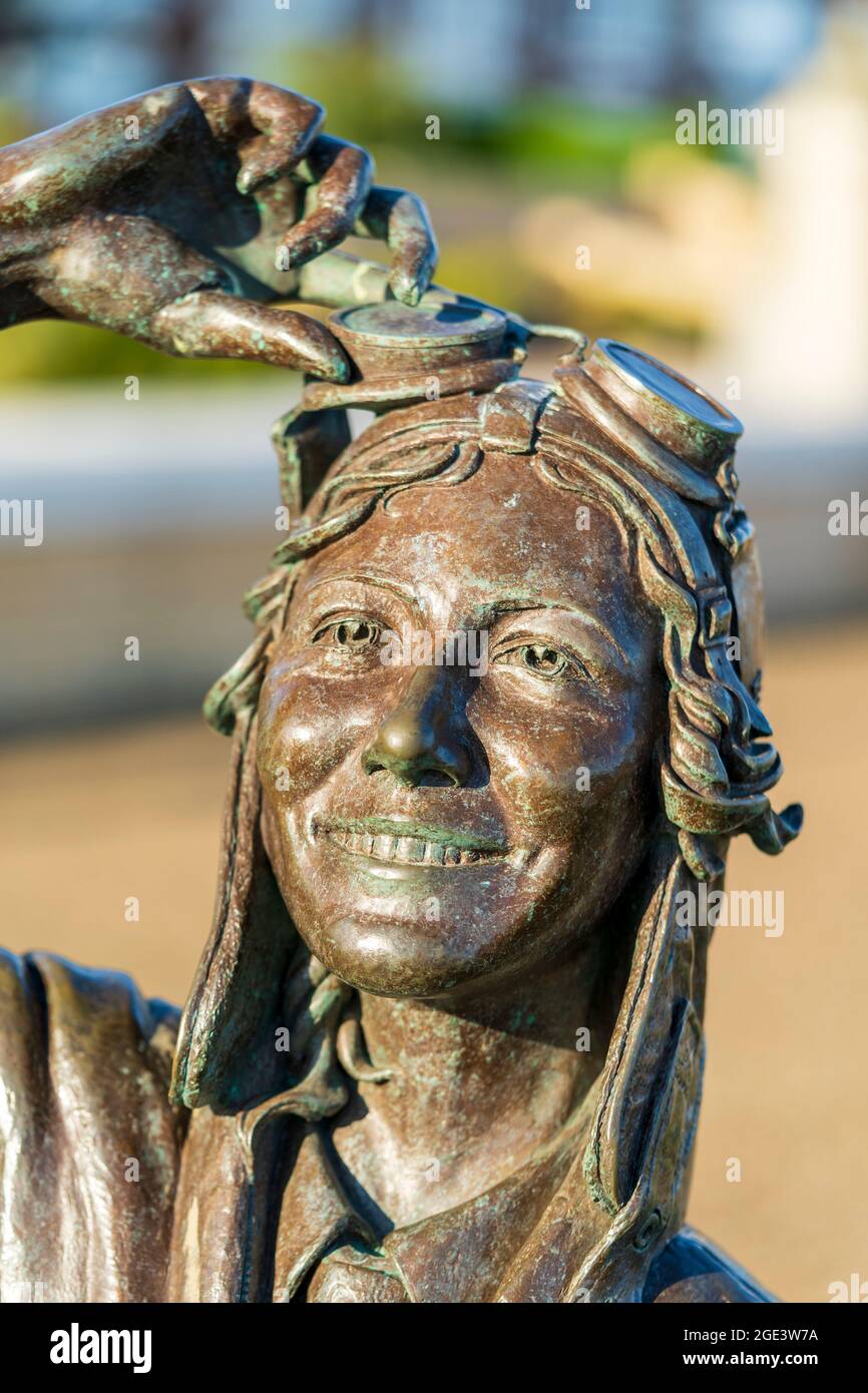 Detail of the statue of the famous 1930's flying legend Amy Johnson ...