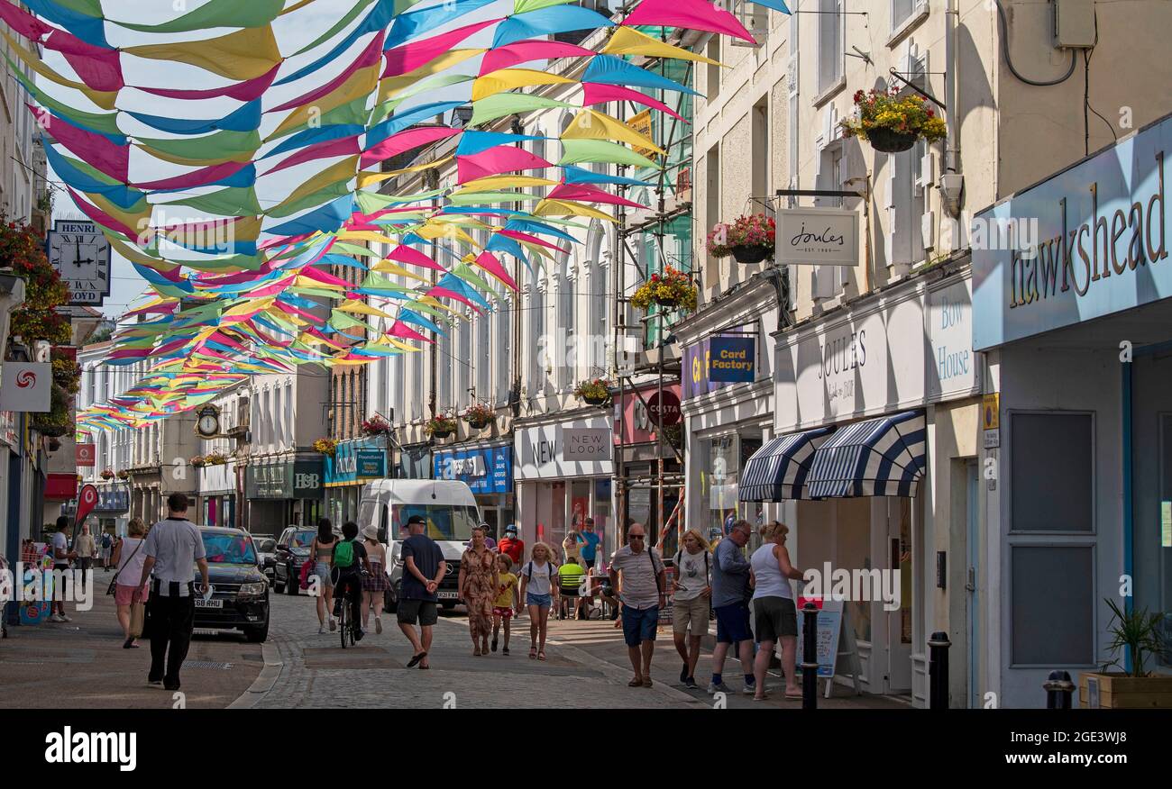 Falmouth; Cornwall; England; UK. 2021. Colourful flags decorate the ...