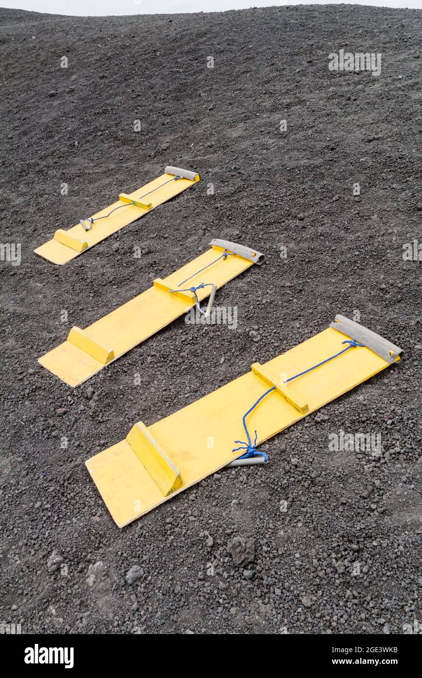 Boards used for volcano boarding at Cerro Negro volcano, Nicaragua ...