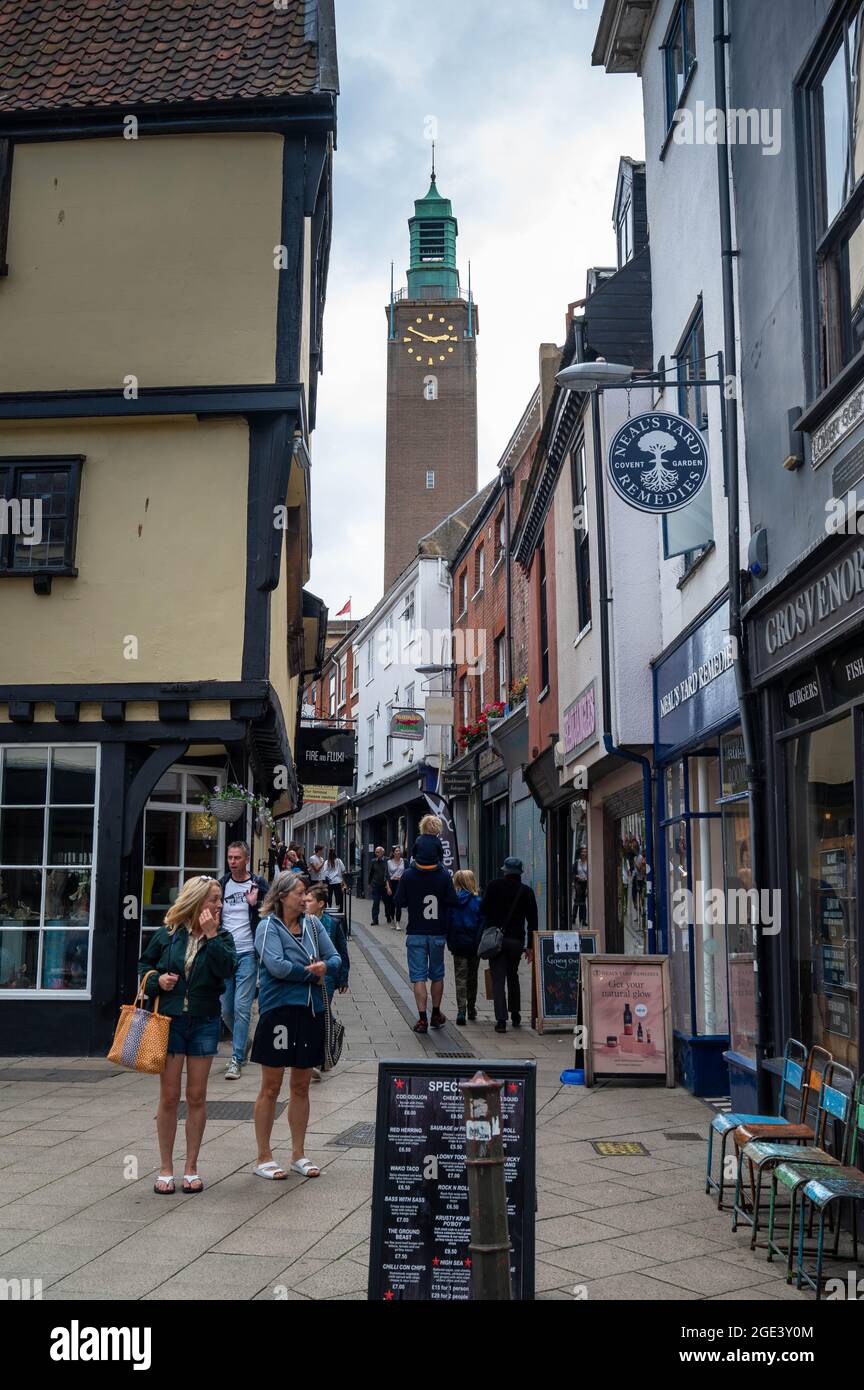 A view of the Norwich City Hall clock looking up from Lower Goat lane ...