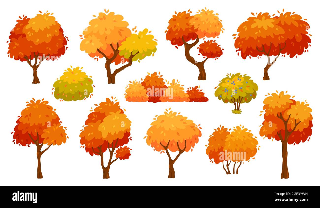 Cartoon autumn trees and bushes, yellow forest tree. Nature plants with ...