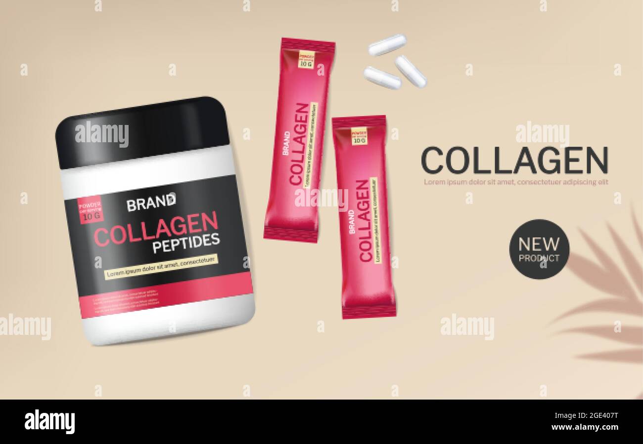 Collagen powder Vector realistic mock up. Product packaging label ...
