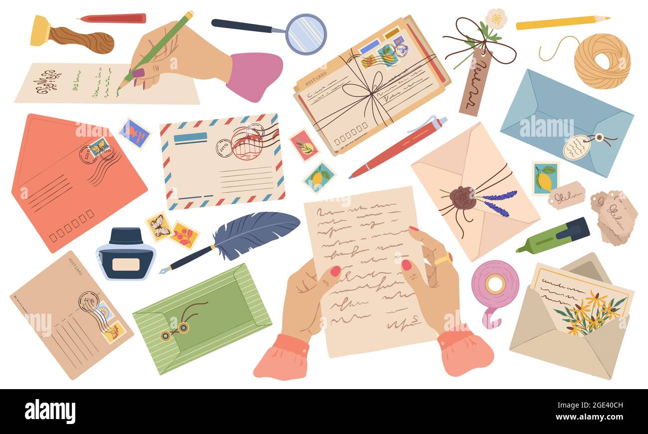 Cartoon mail envelopes handwritten letters with stamps and postmarks hi ...