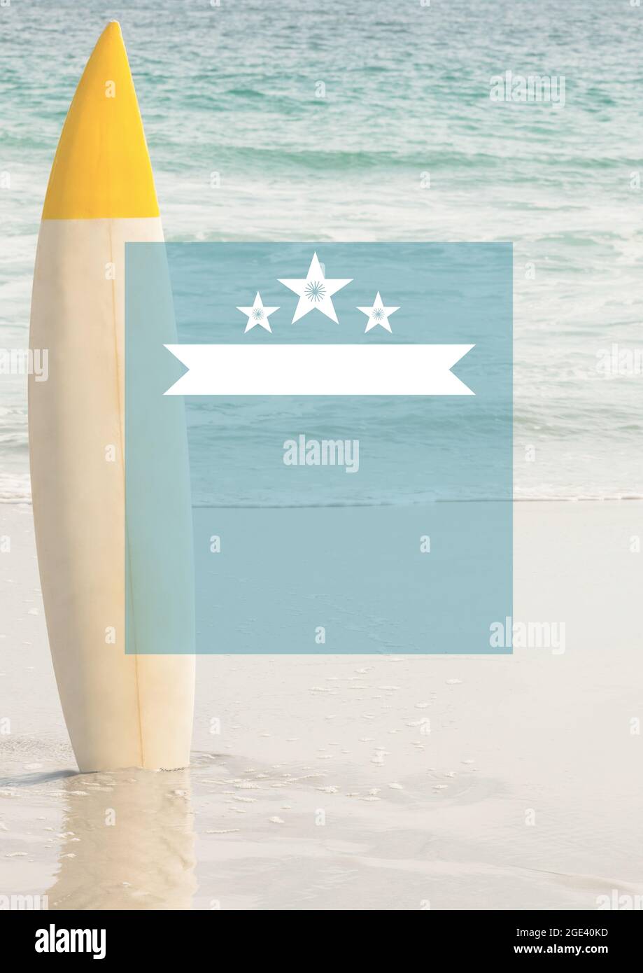 Composition of blue frame and surfboard at beach Stock Photo - Alamy