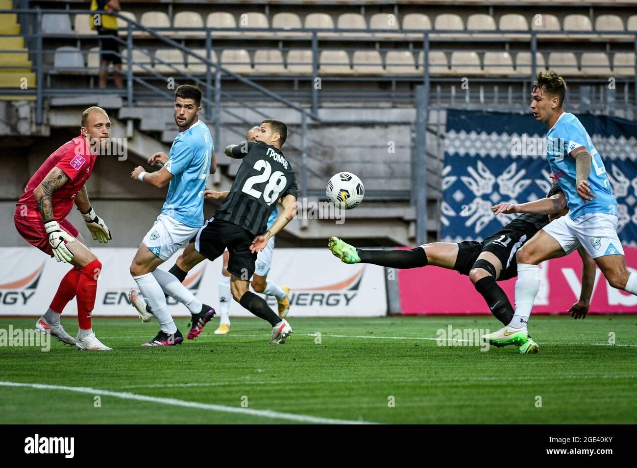 ZAPORIZHZHIA, UKRAINE - AUGUST 14, 2021 - Players of FC Zorya Luhansk ...