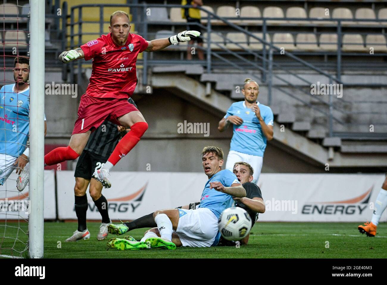 ZAPORIZHZHIA, UKRAINE - AUGUST 14, 2021 - Players of FC Zorya Luhansk ...