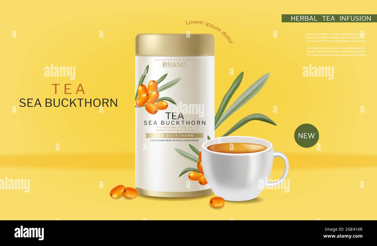 Buckthorn tea vector realistic. Product placement label design. Healthy ...
