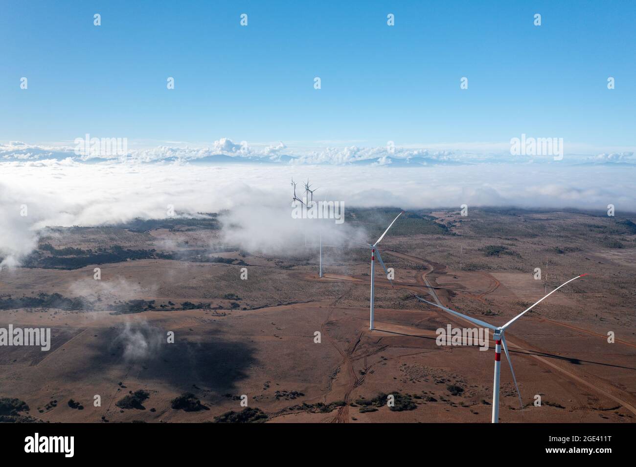 wind farm, chile. renewable energy, save the planet. Clouds drone view ...