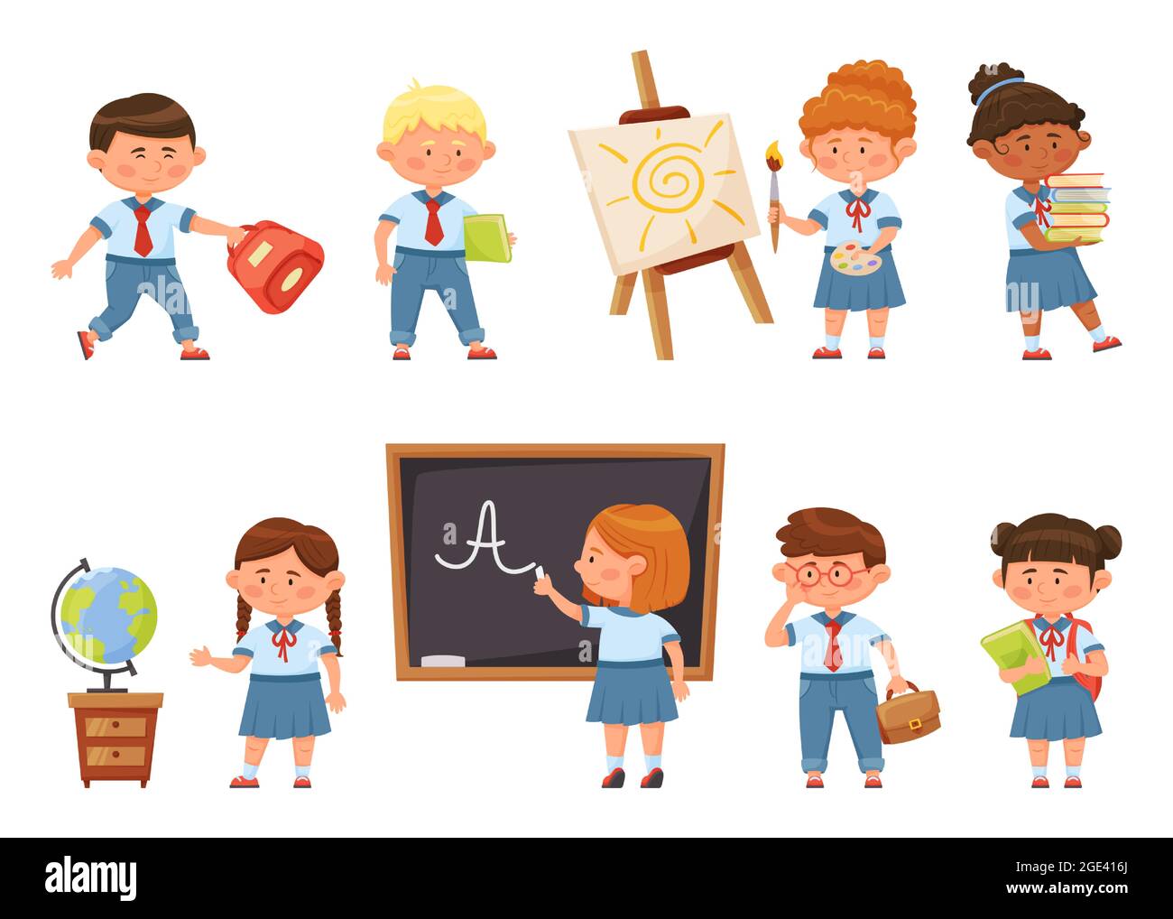 Cartoon school children in uniform, kids students with backpacks. Back ...