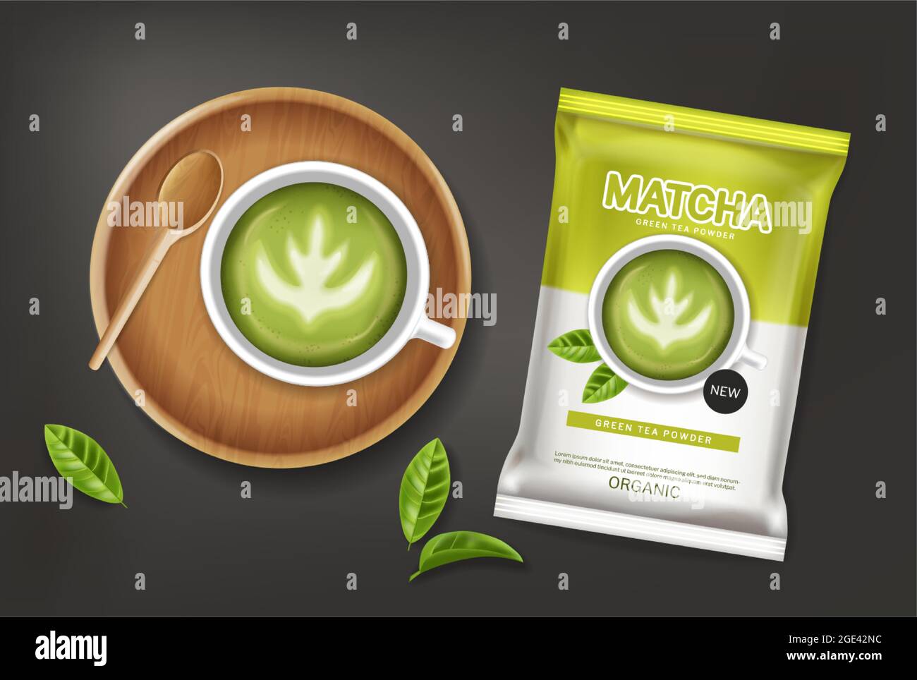 Matcha green tea powder vector realistic. Product placement mock up ...