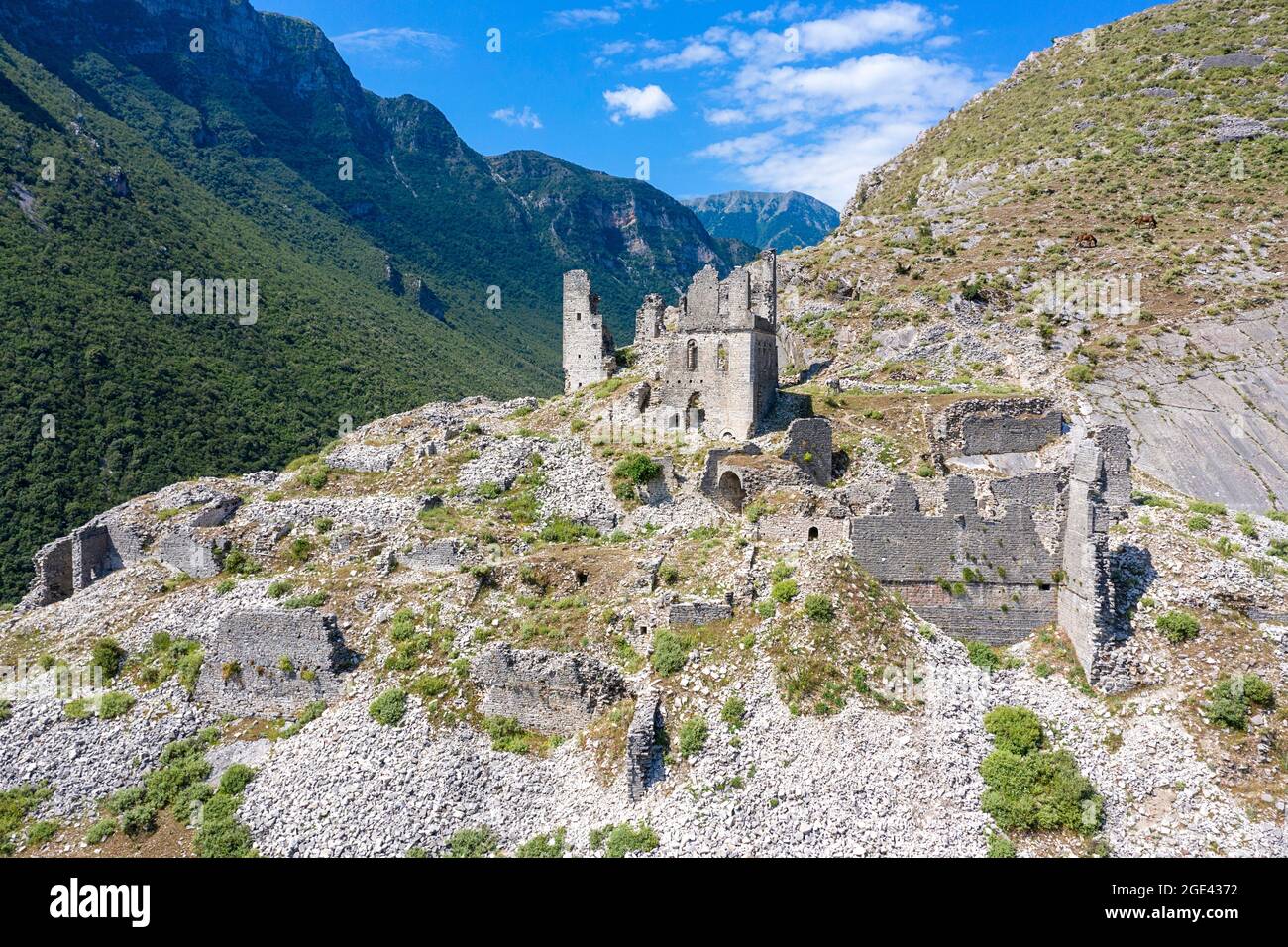 Aerial view of remains of an spectacular old Kelcyre fortress above ...