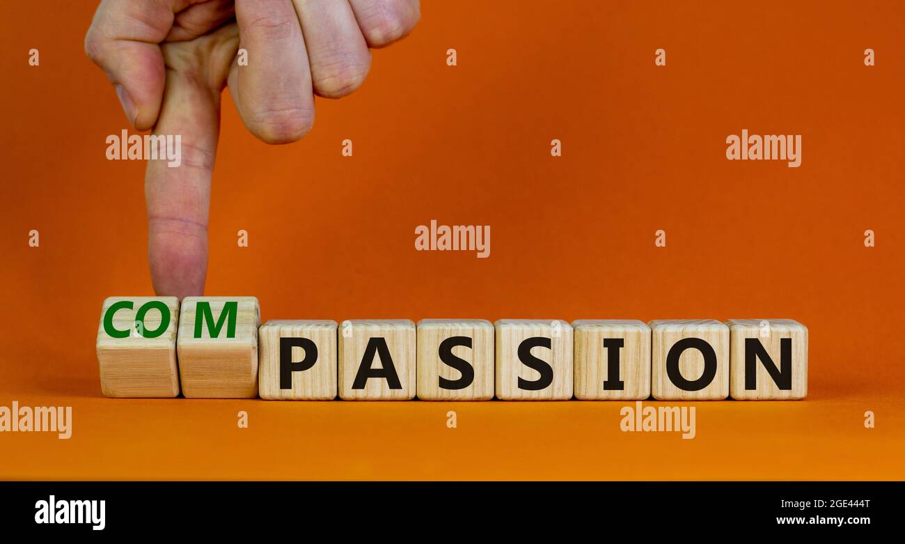 Passion or compassion symbol. Businessman turns cubes, changes the word ...