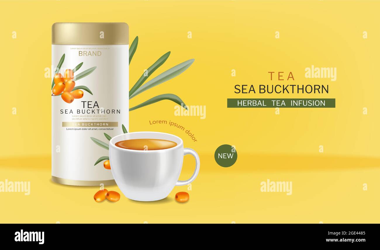 Buckthorn tea package and cup vector realistic. Product placement label ...