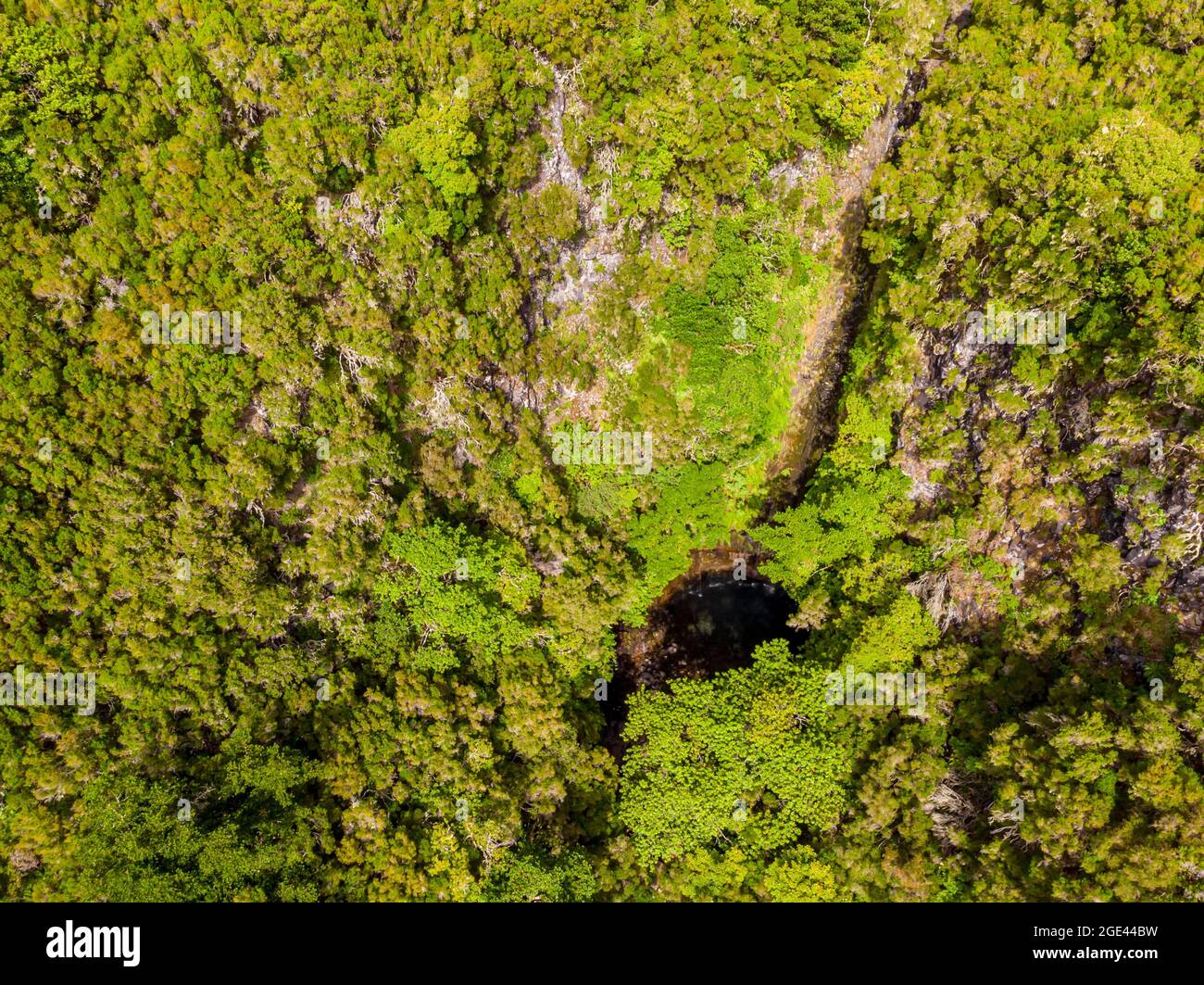 Aerial drop down view of forest waterfall falling into pond Stock Photo ...