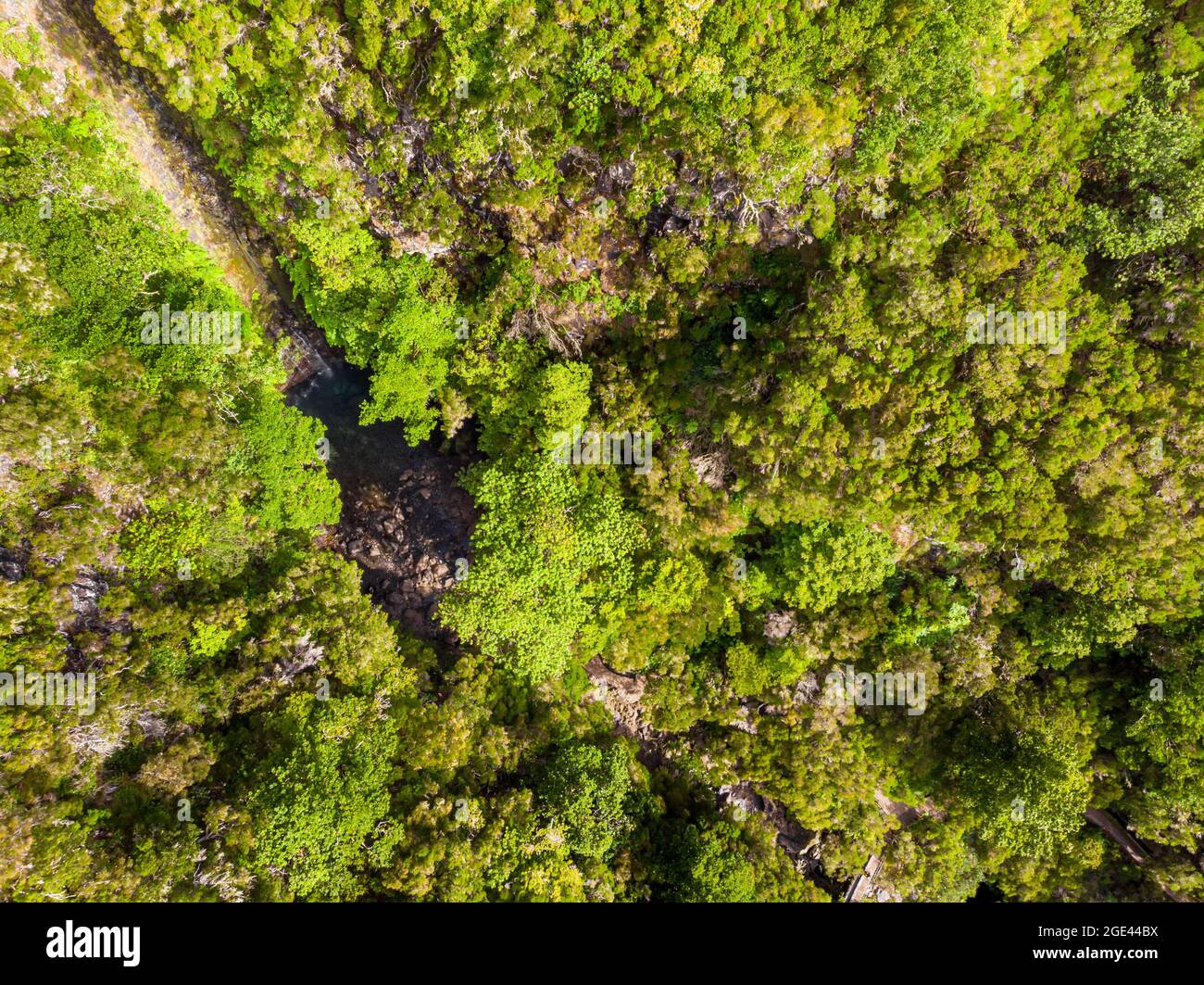 Aerial drop down view of forest waterfall falling into pond Stock Photo ...