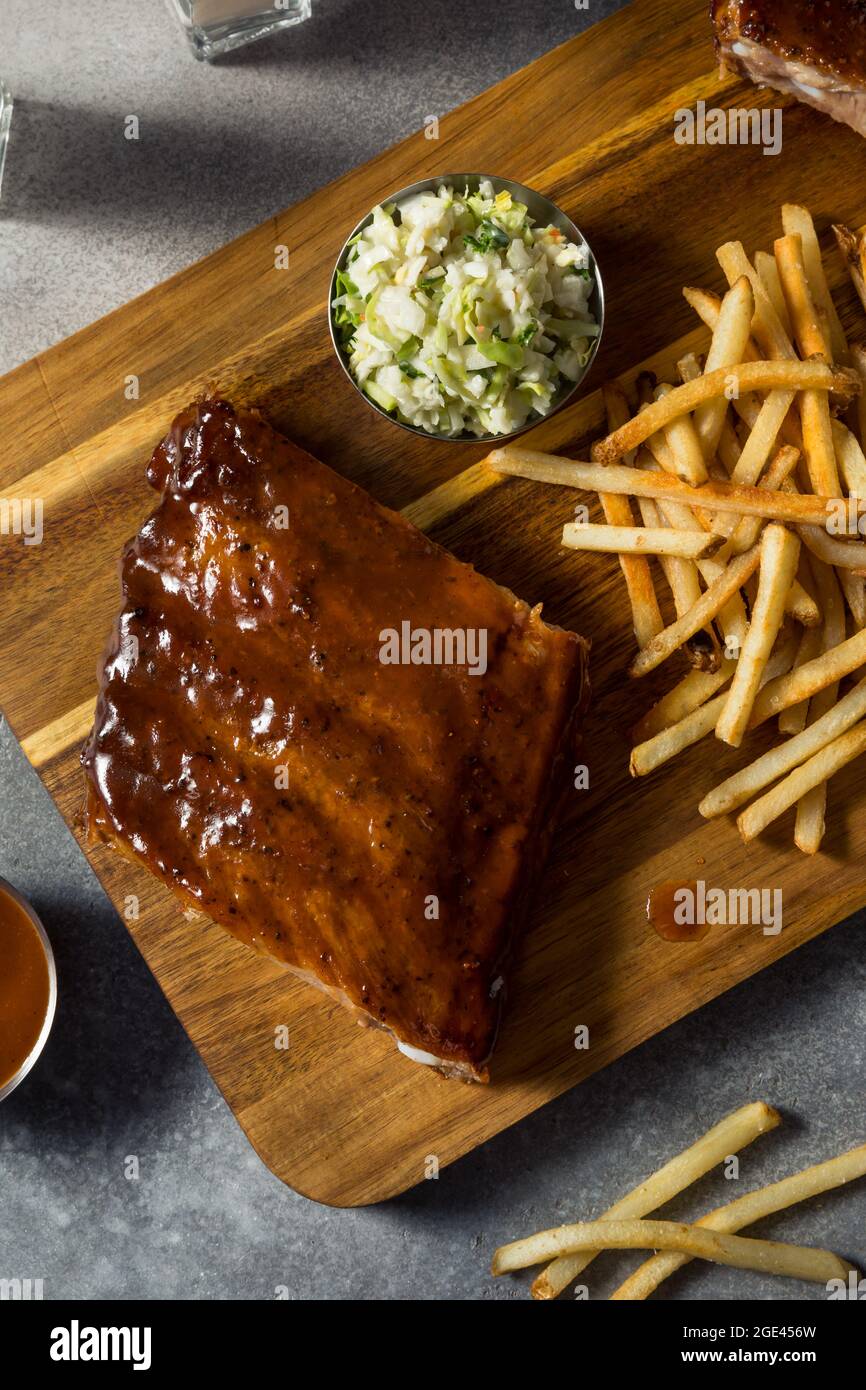 Homemade Baby Back Spare Ribs with Fries and Coleslaw Stock Photo - Alamy