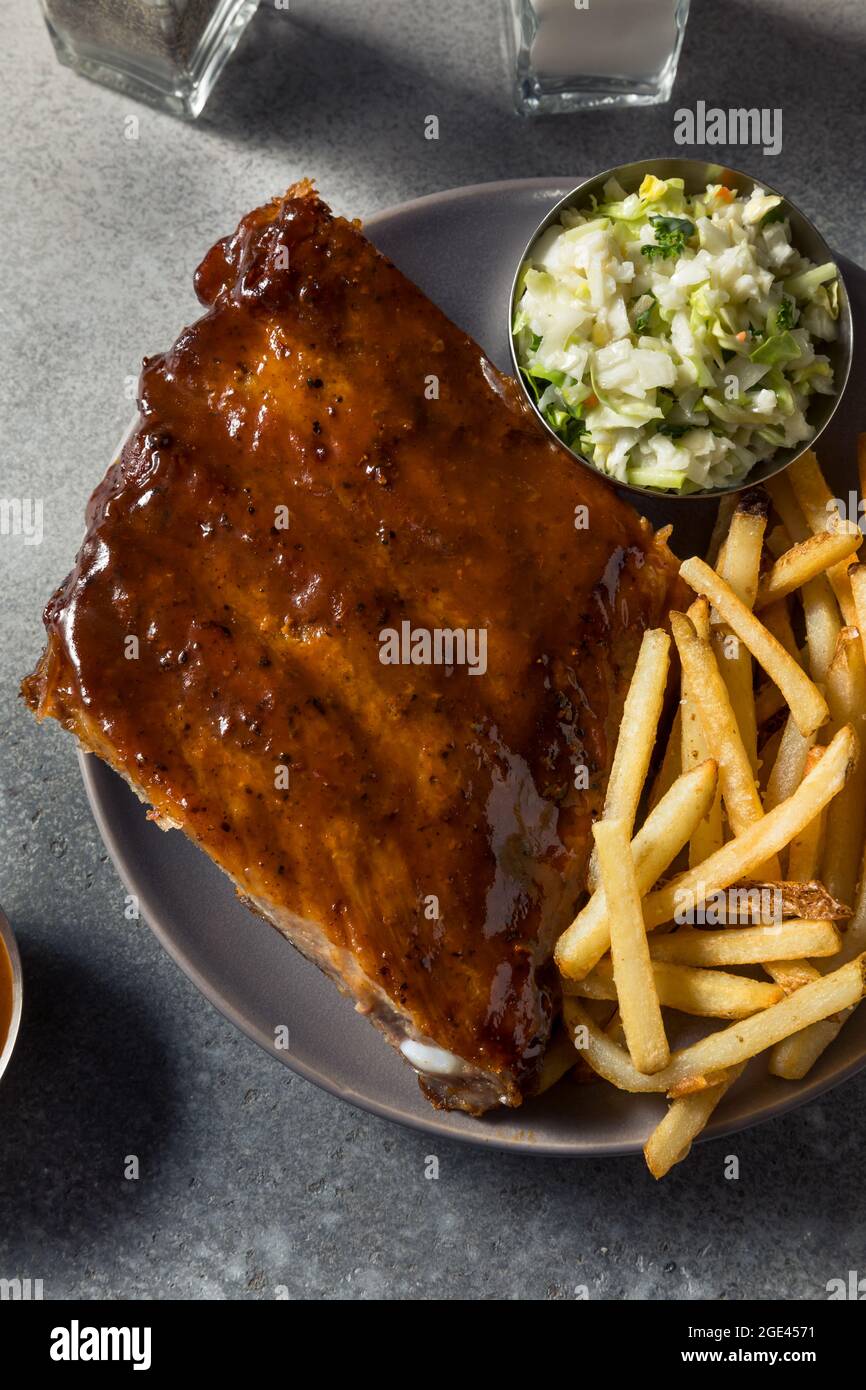 Homemade Baby Back Spare Ribs with Fries and Coleslaw Stock Photo - Alamy