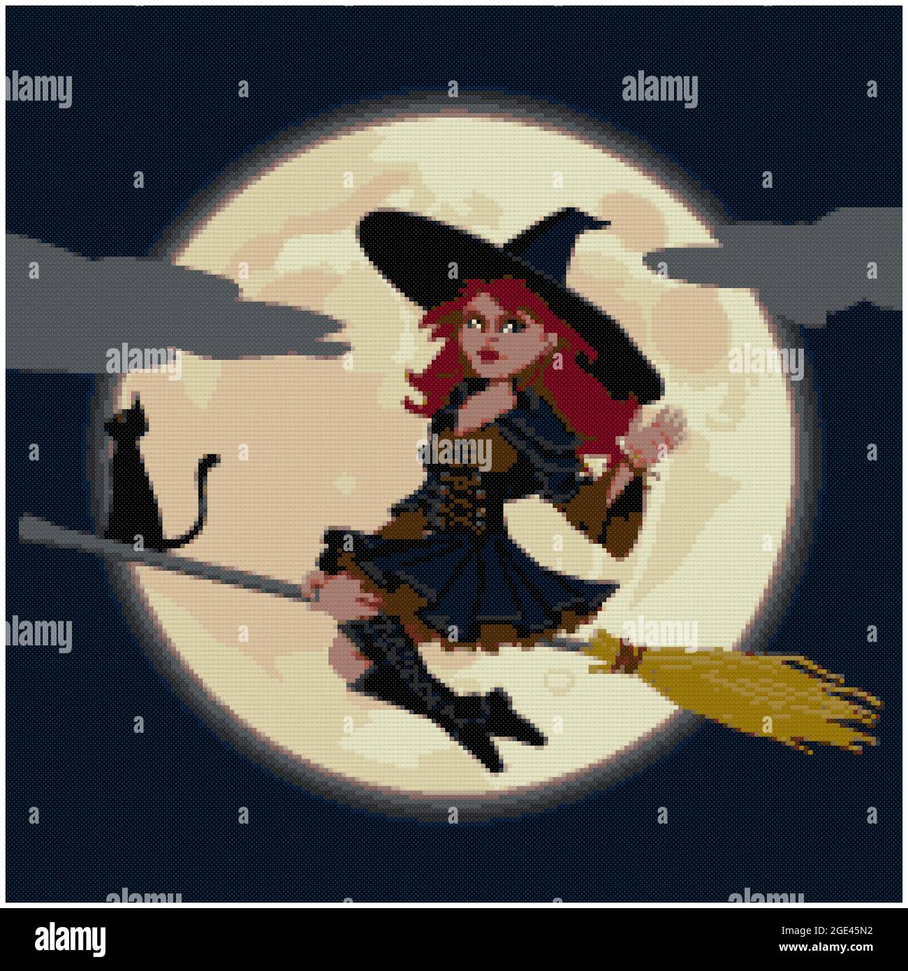 Halloween witch flying in the night sky. Illustration of cross stitch ...