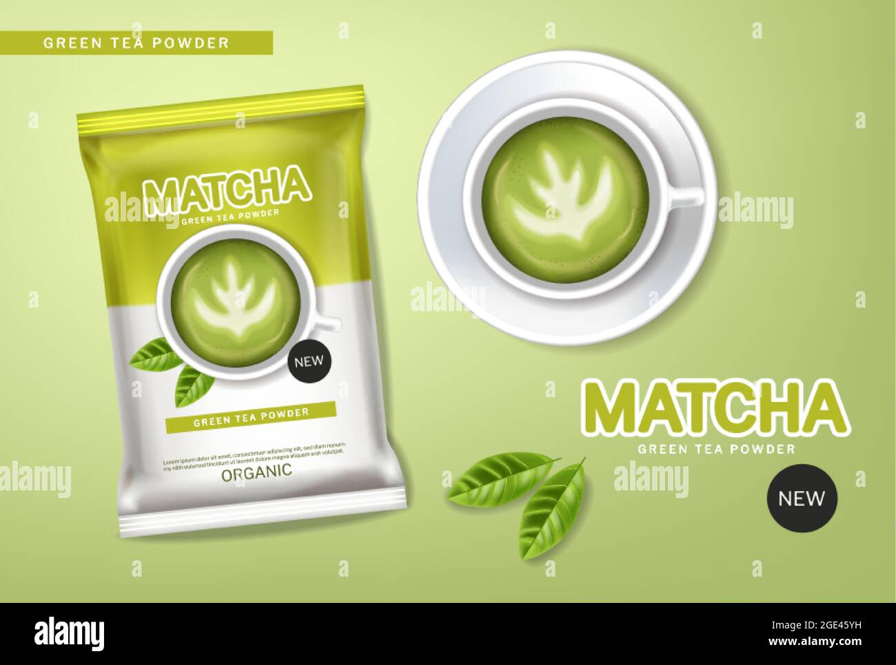 Matcha green tea powder vector realistic. Product placement mock up ...