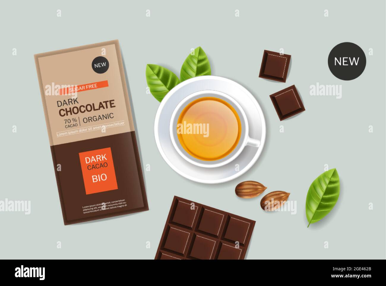 Dark chocolate and tea vector realistic. Product placement design ...