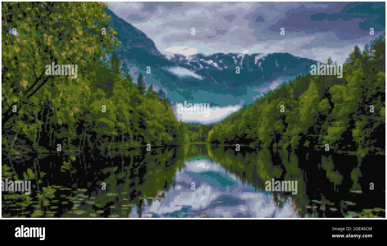 Mountain forest lake landscape. Illustration of cross stitch embroidery ...