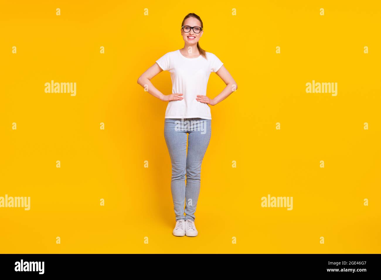 Full body photo of young attractive woman happy positive smile ...