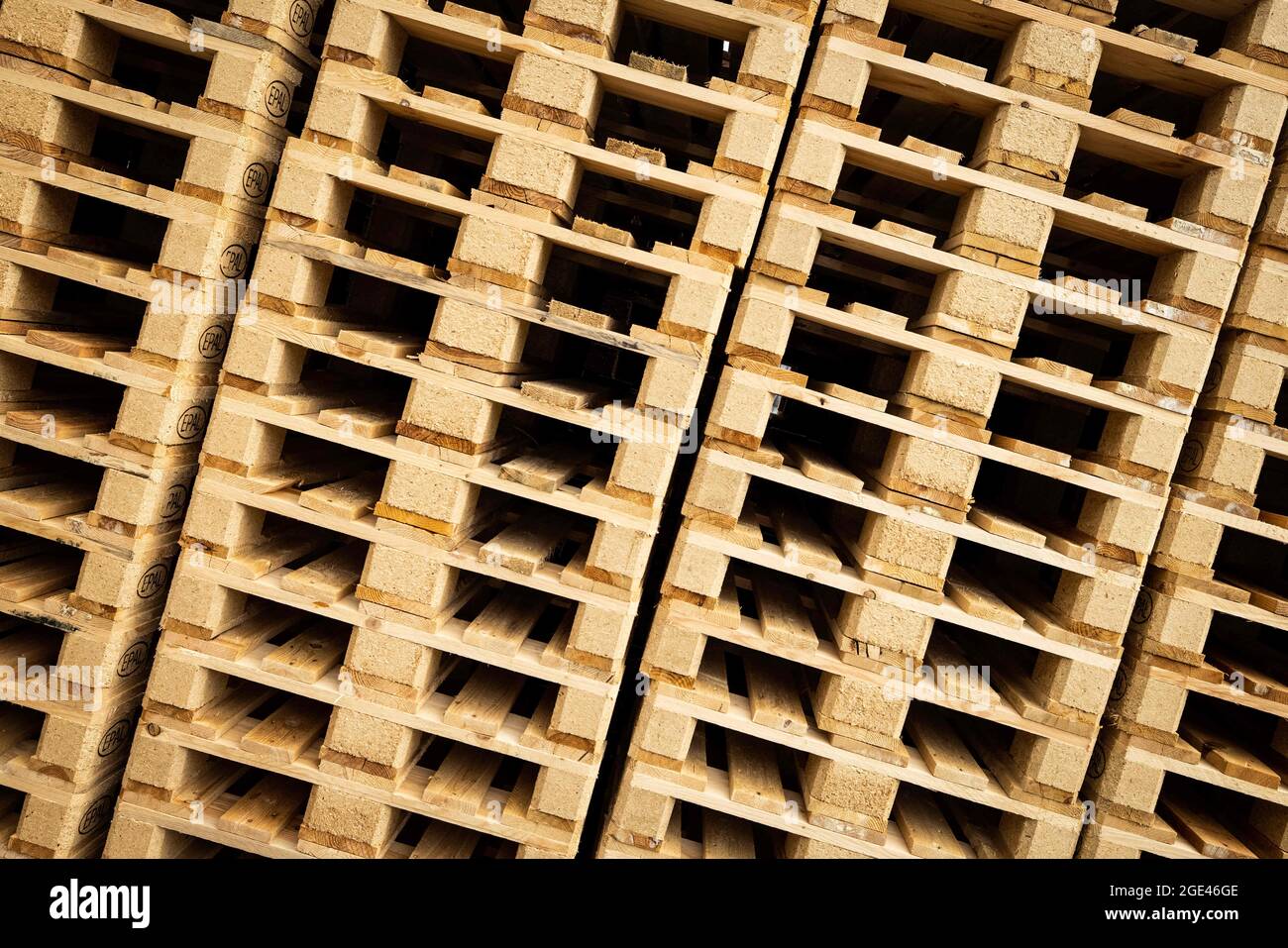 Hamburg, Germany. 04th Aug, 2021. A stack of wooden Euro pallets (EPAL ...