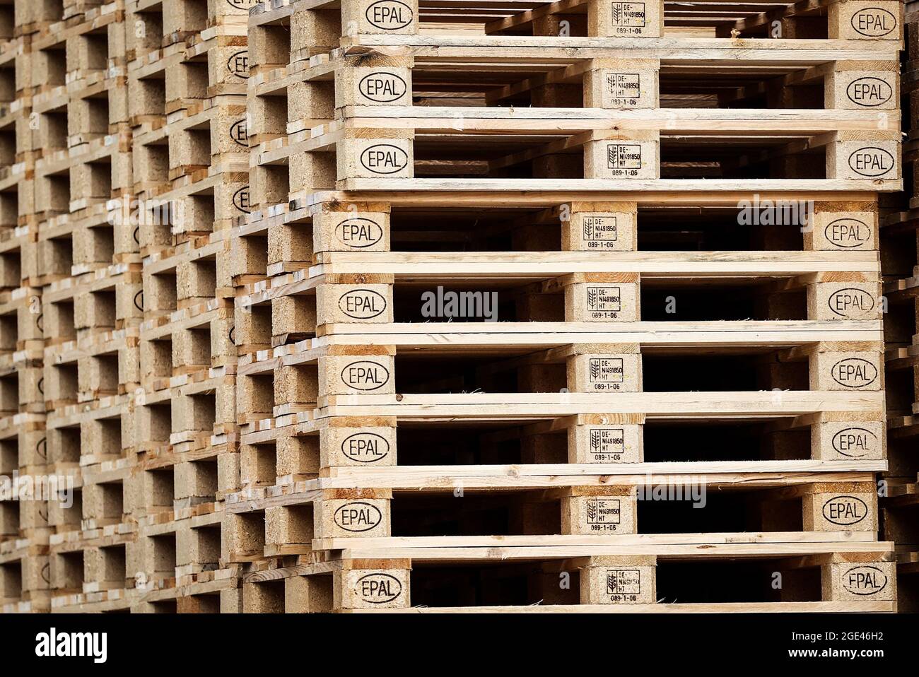 Hamburg, Germany. 04th Aug, 2021. A stack of wooden Euro pallets (EPAL ...